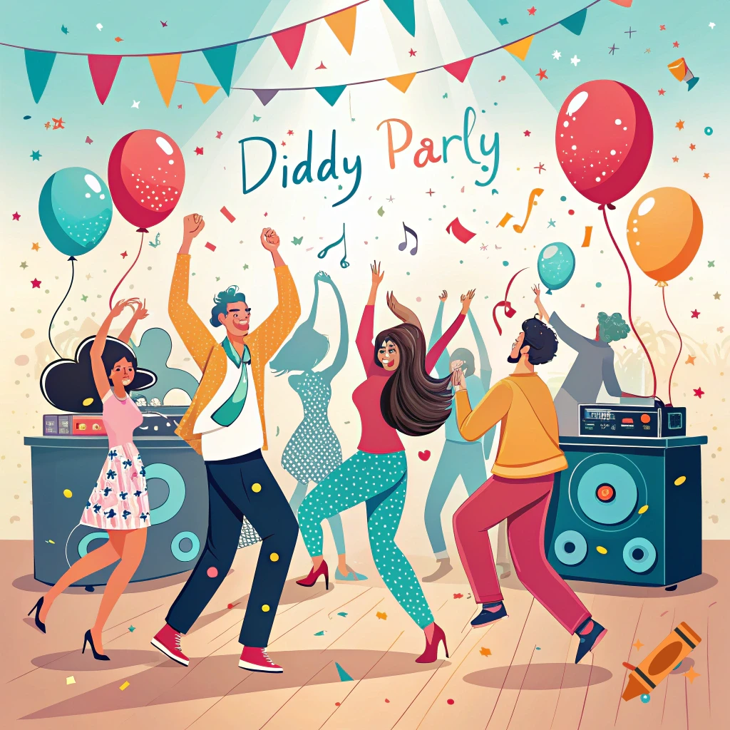 Illustration of people dancing at a party with balloons and banners ...