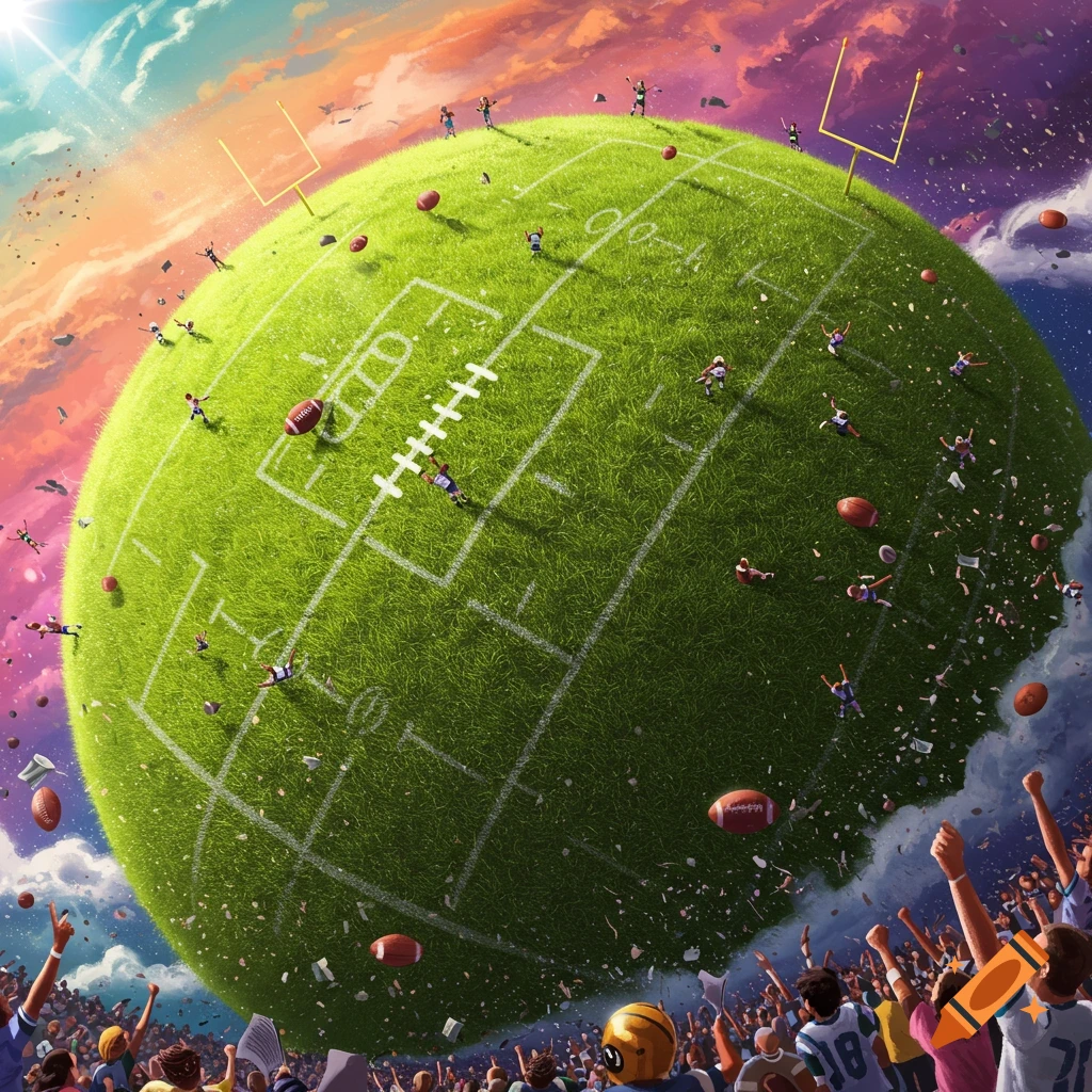 Football-themed planet with green grass surface and cheering atmosphere ...