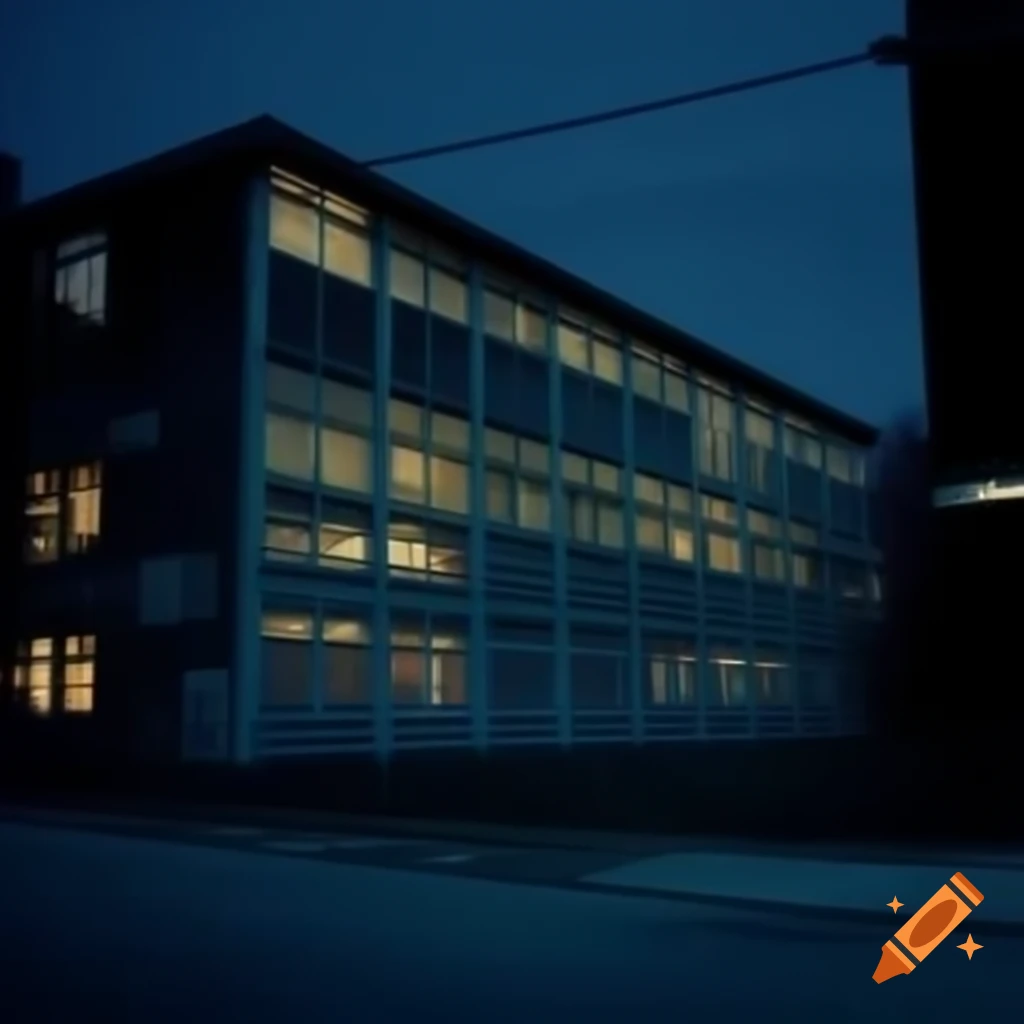 Surreal low-quality photo of a three-story school building at night on ...