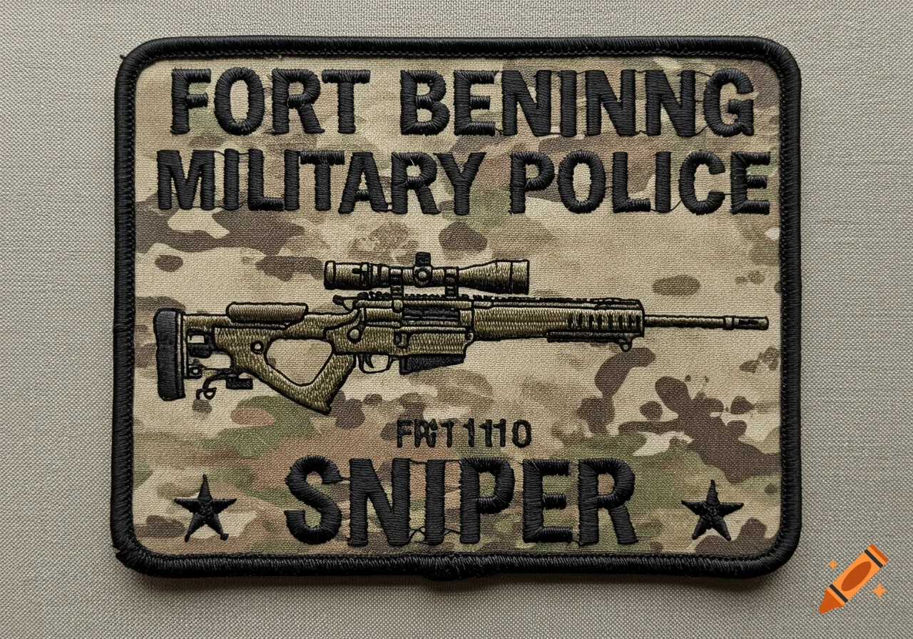 Military patch for Fort Benning Military Police Sniper with M110 rifle graphic. on Craiyon