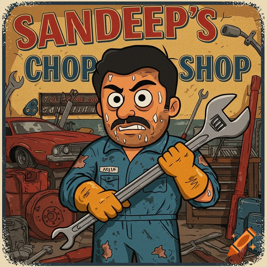 Sandeep's Chop Shop logo featuring a Sandeep emoji as a car mechanic on ...