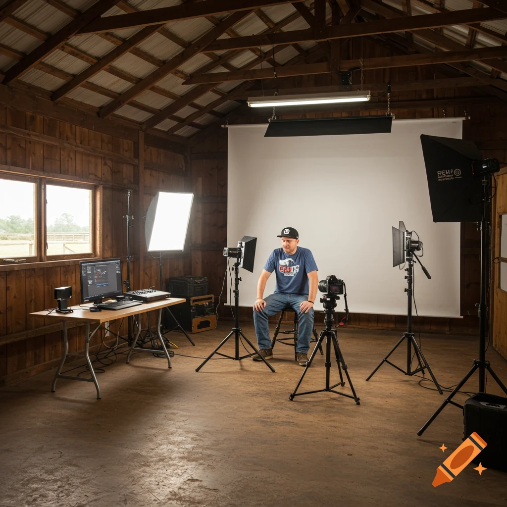 Man sitting in a photography and video studio setup. on Craiyon
