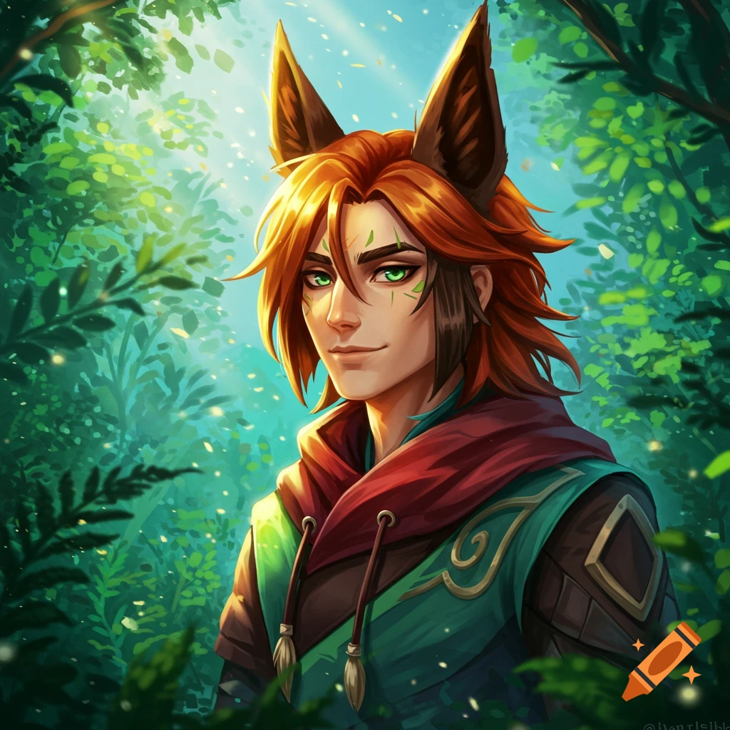 Anime-style character with fox ears and green eyes in a forest on Craiyon
