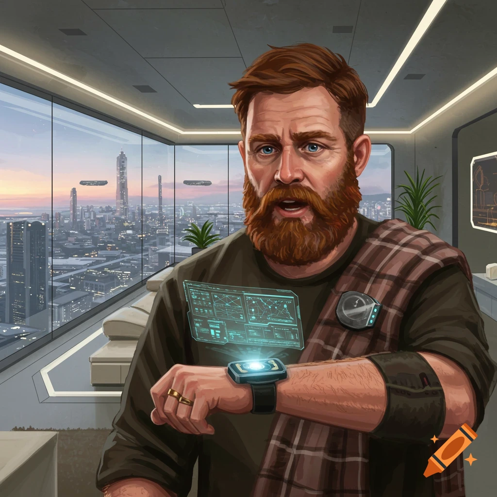 Scottish man using wrist communication device in futuristic house on ...