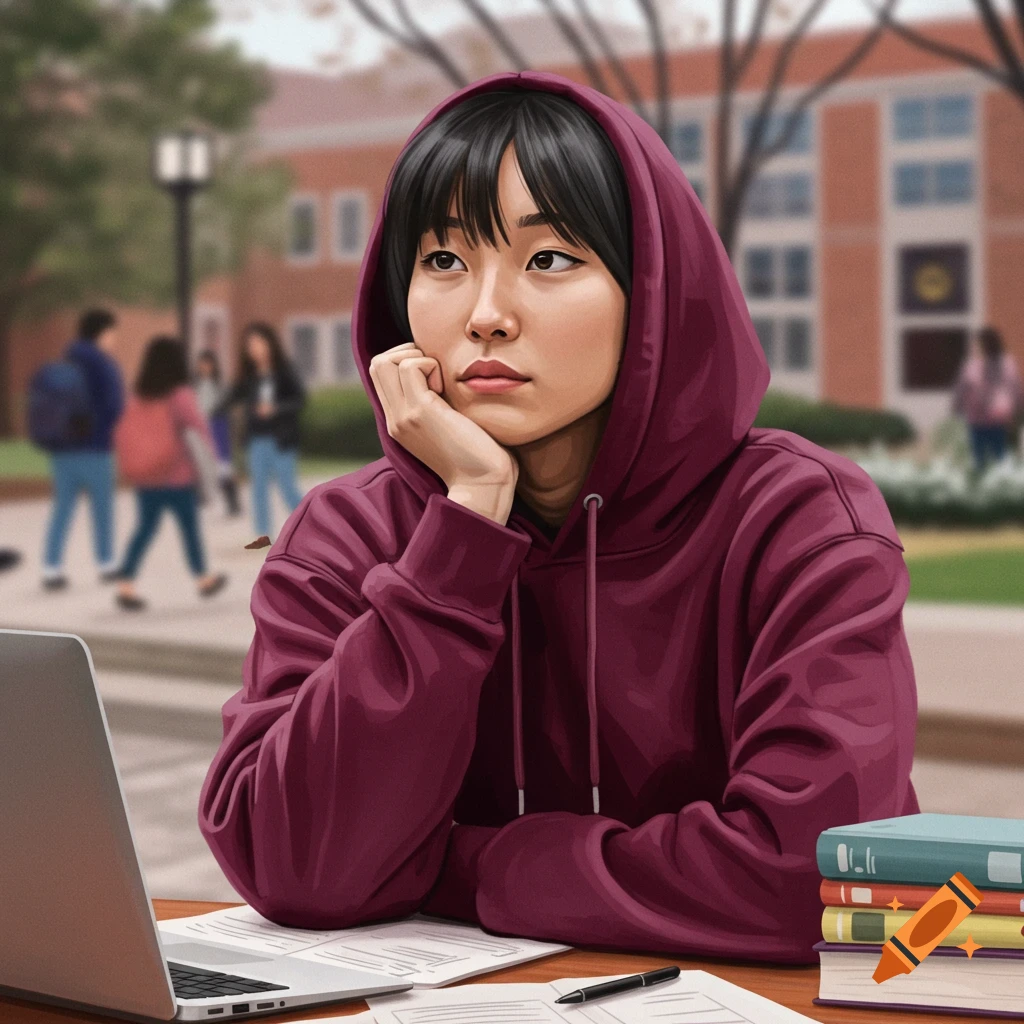Illustration of a young person studying on a laptop in a busy ...