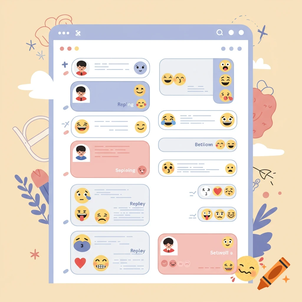 Stylized illustration of a chat interface with messages, emojis, and ...