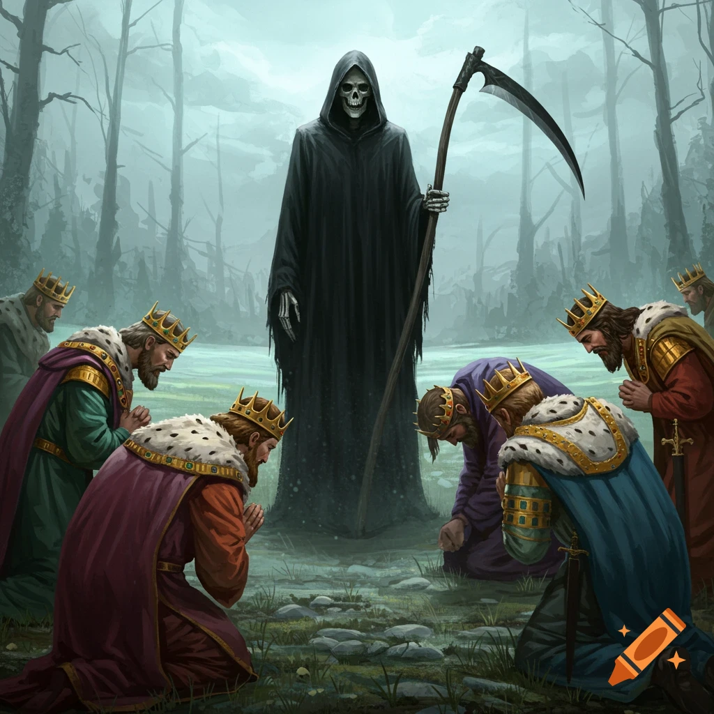 Kings bowing to the Grim Reaper on Craiyon