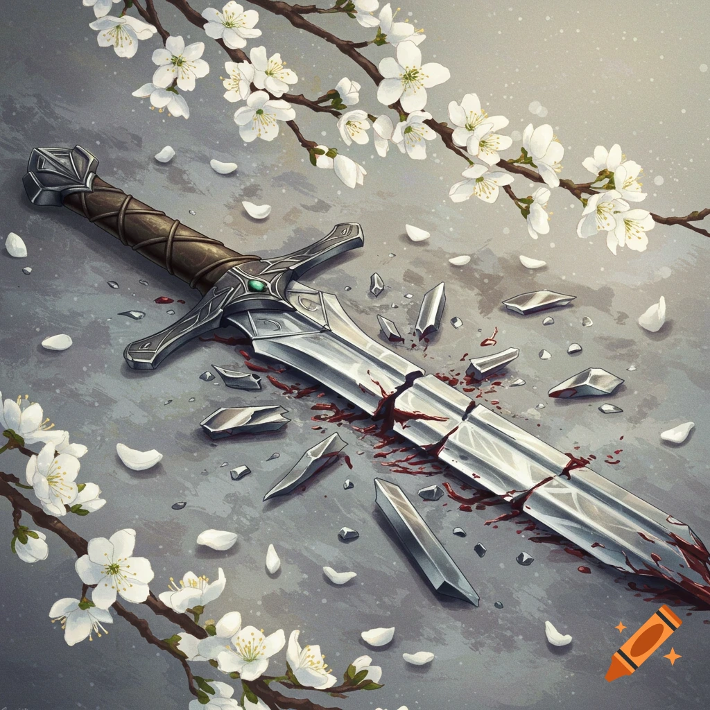 A broken fantasy sword lies on the ground with blood, surrounded by ...