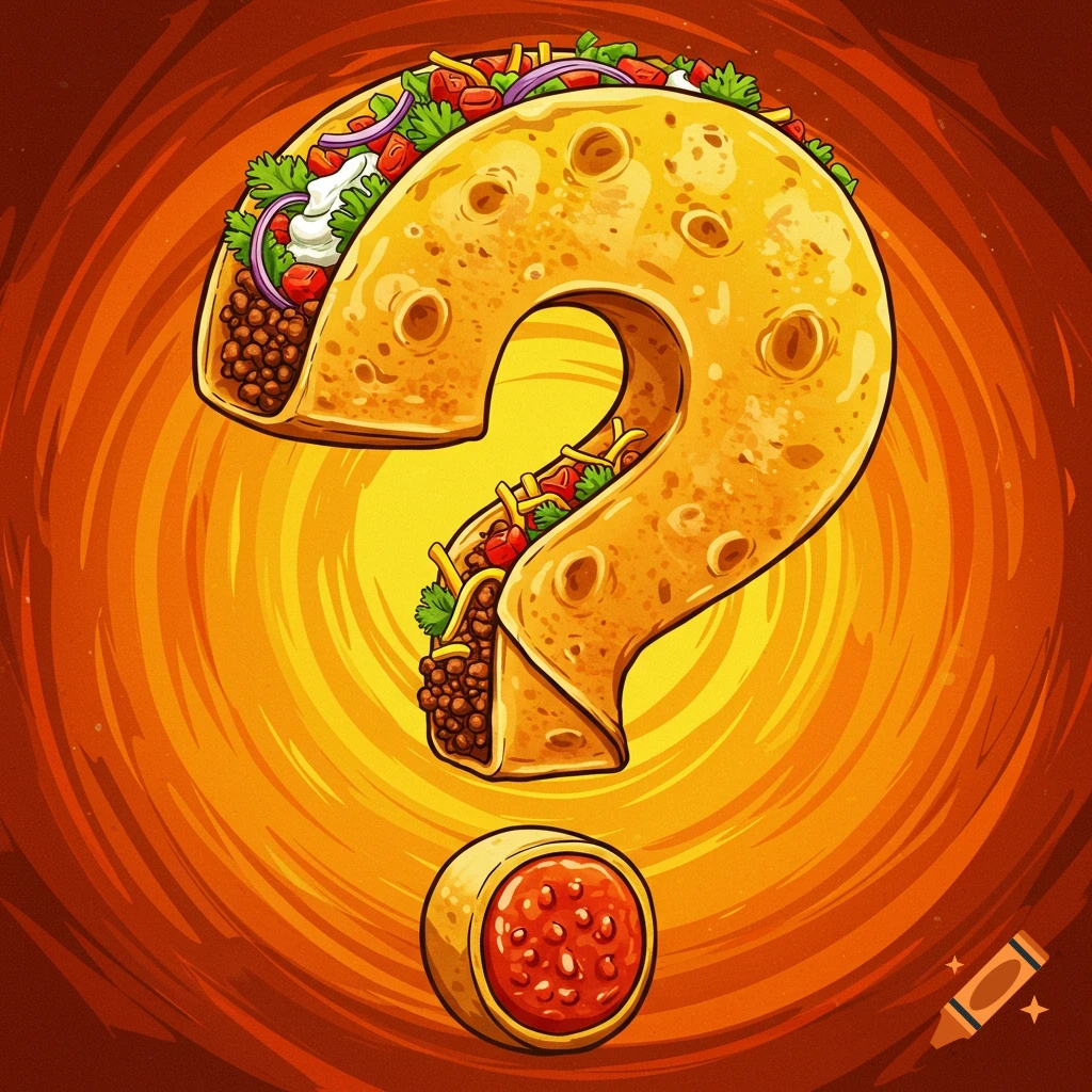 Illustration of a question mark made from a taco with fillings and a salsa dip. on Craiyon