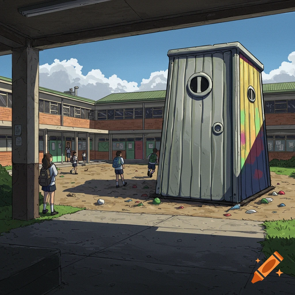 An illustration of a school courtyard with students walking and a large ...