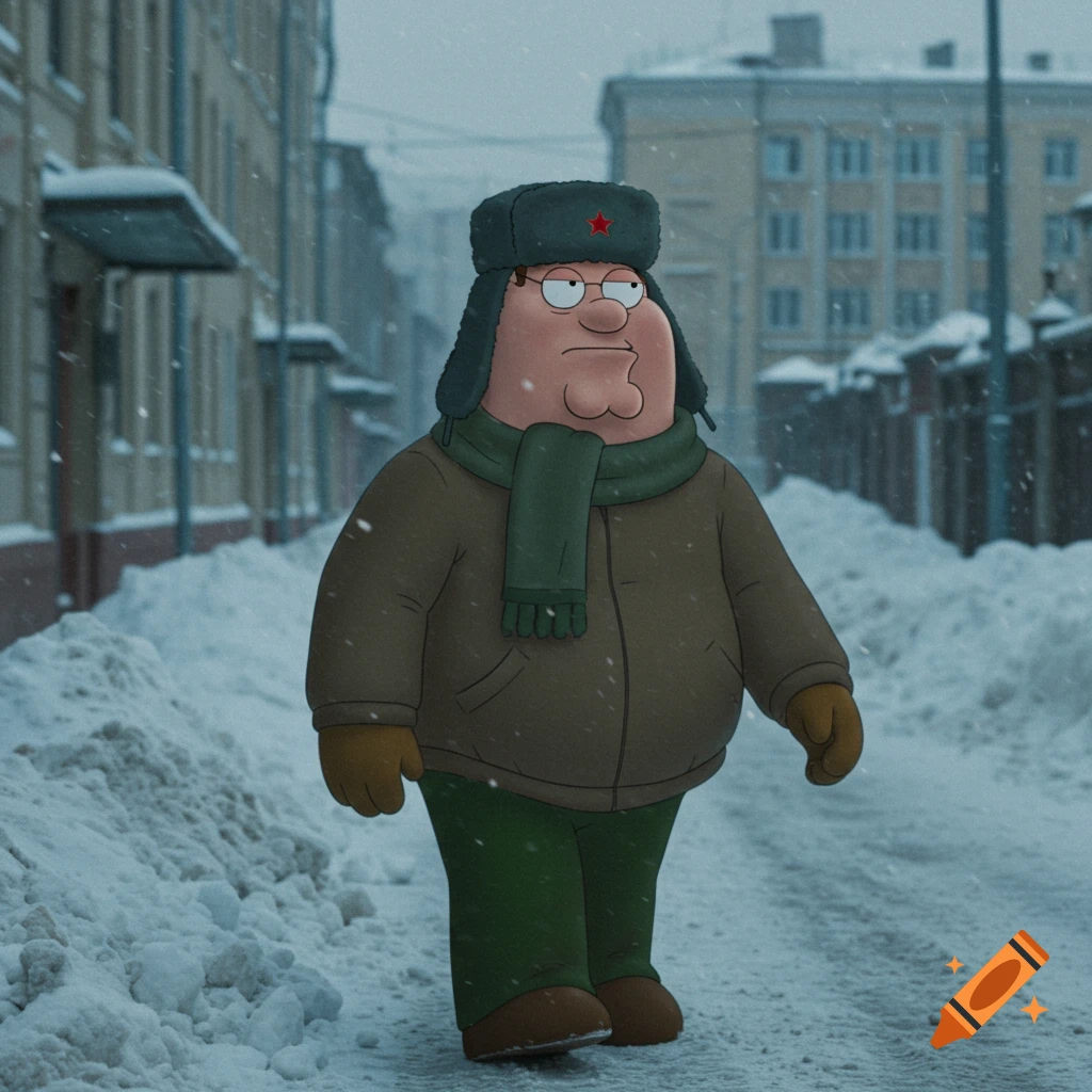 Peter Griffin walks down a snowy street wearing a Ushanka hat and scarf ...