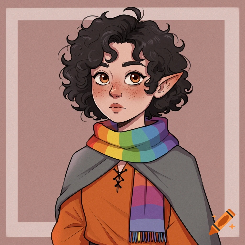 Cartoon of a half-elf woman with a rainbow scarf and grey cloak on Craiyon