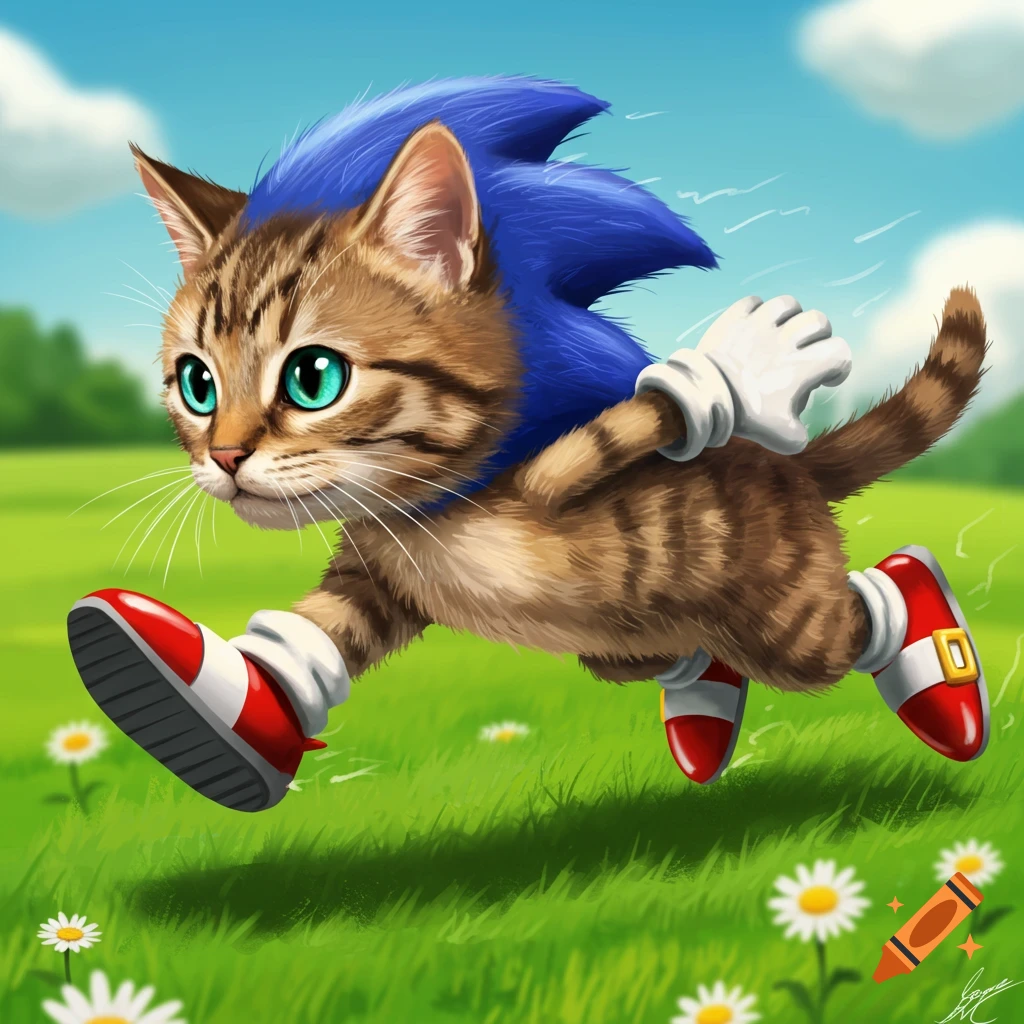 Cartoon illustration of a tabby cat dressed as Sonic the Hedgehog ...
