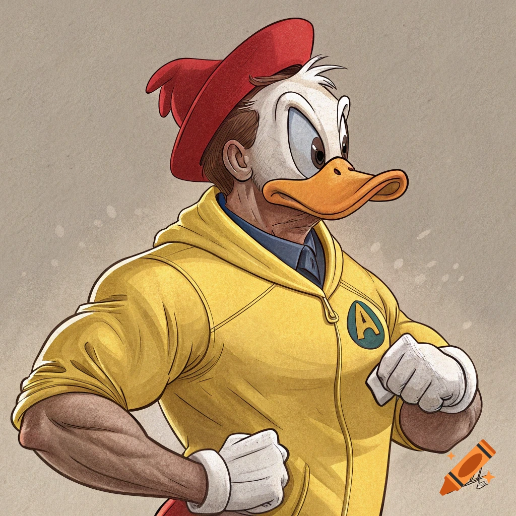 A stylized illustration of Donald Duck in a Snoopy hoodie and green hat ...