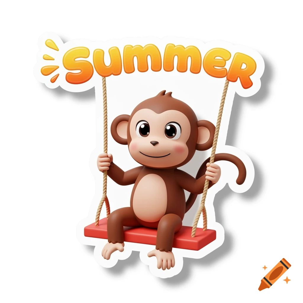 Cartoon monkey on a swing sticker with 3D "Summer vibe" text on Craiyon