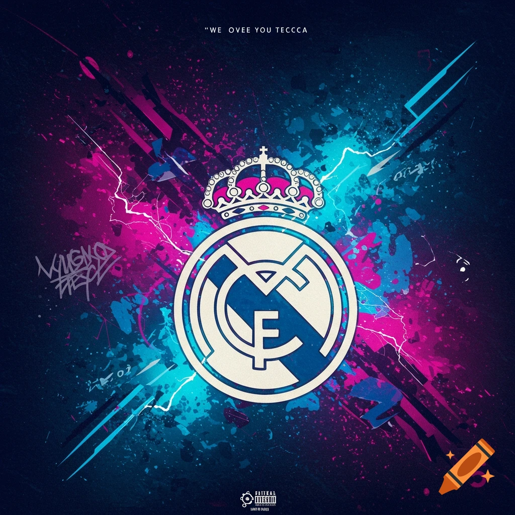 Graphic art of the Real Madrid logo with a crown over abstract pink and ...
