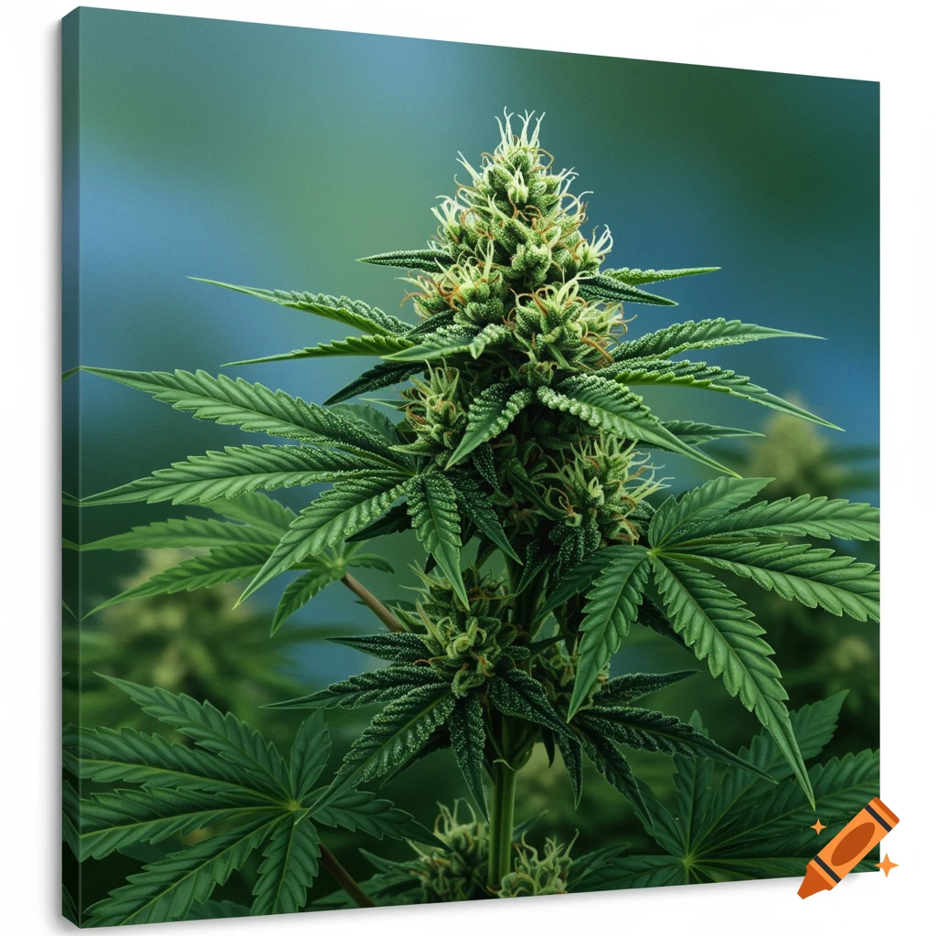 Close-up photorealistic image of a budding marijuana plant with large leaves on Craiyon