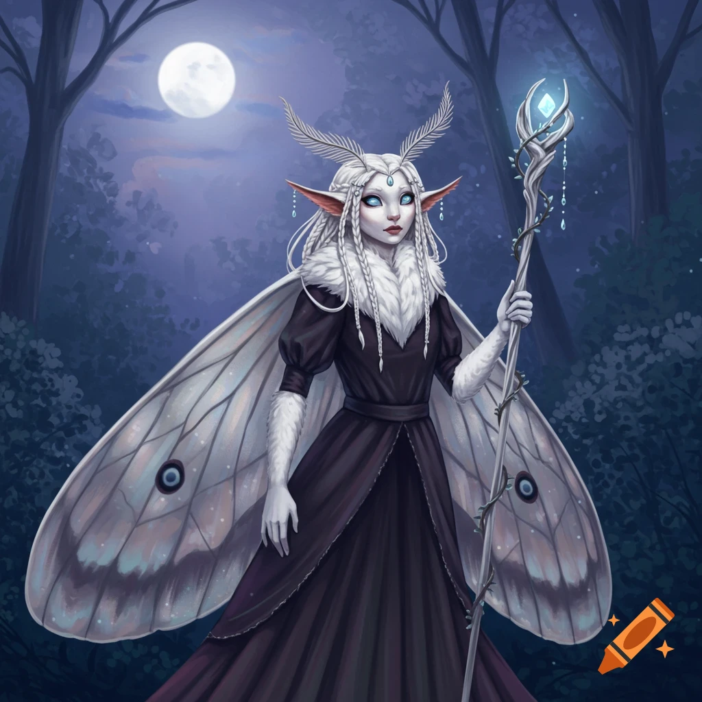 Anime style fey humanoid woman with moth wings and green hair on Craiyon