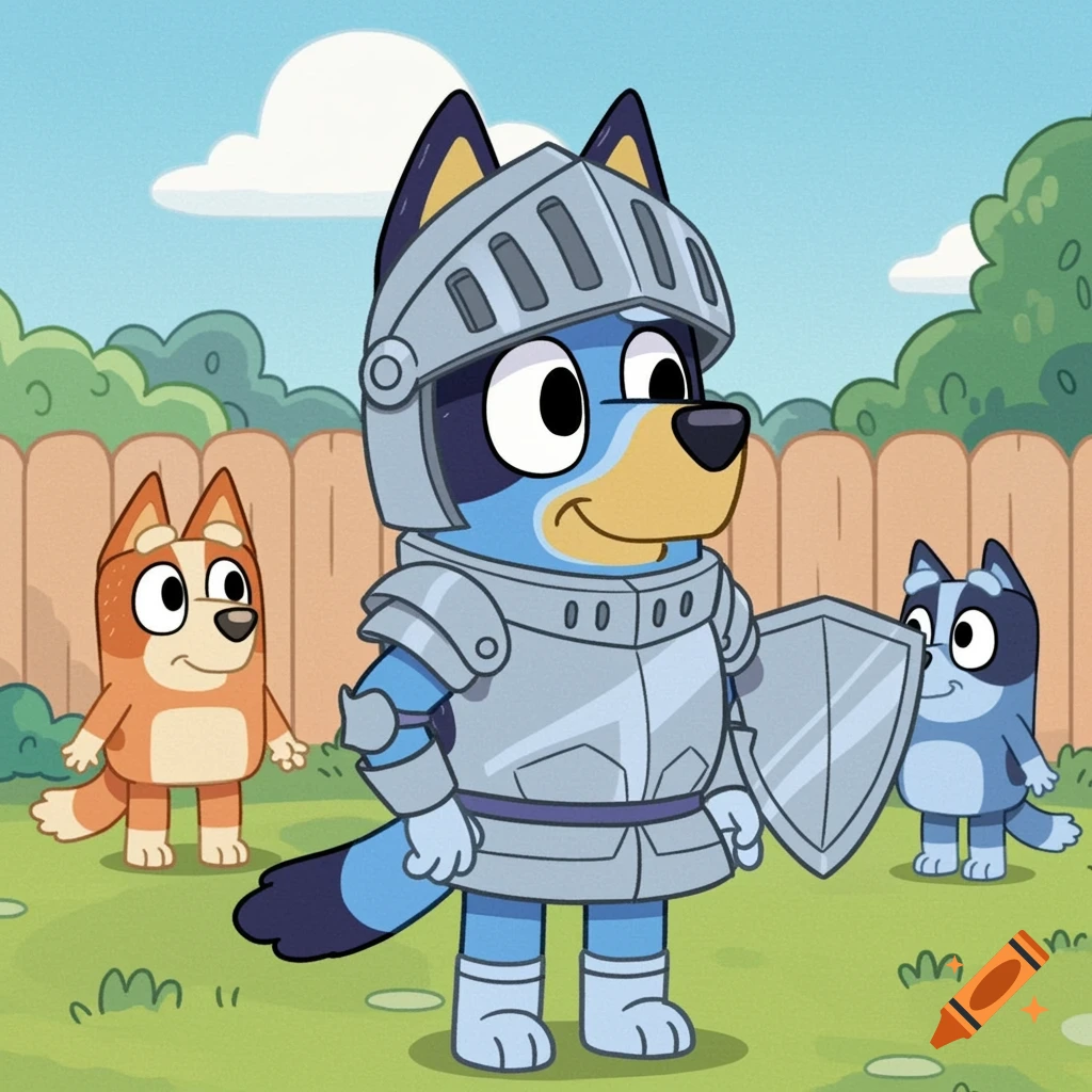 Cartoon character Bluey stands in a forest. on Craiyon