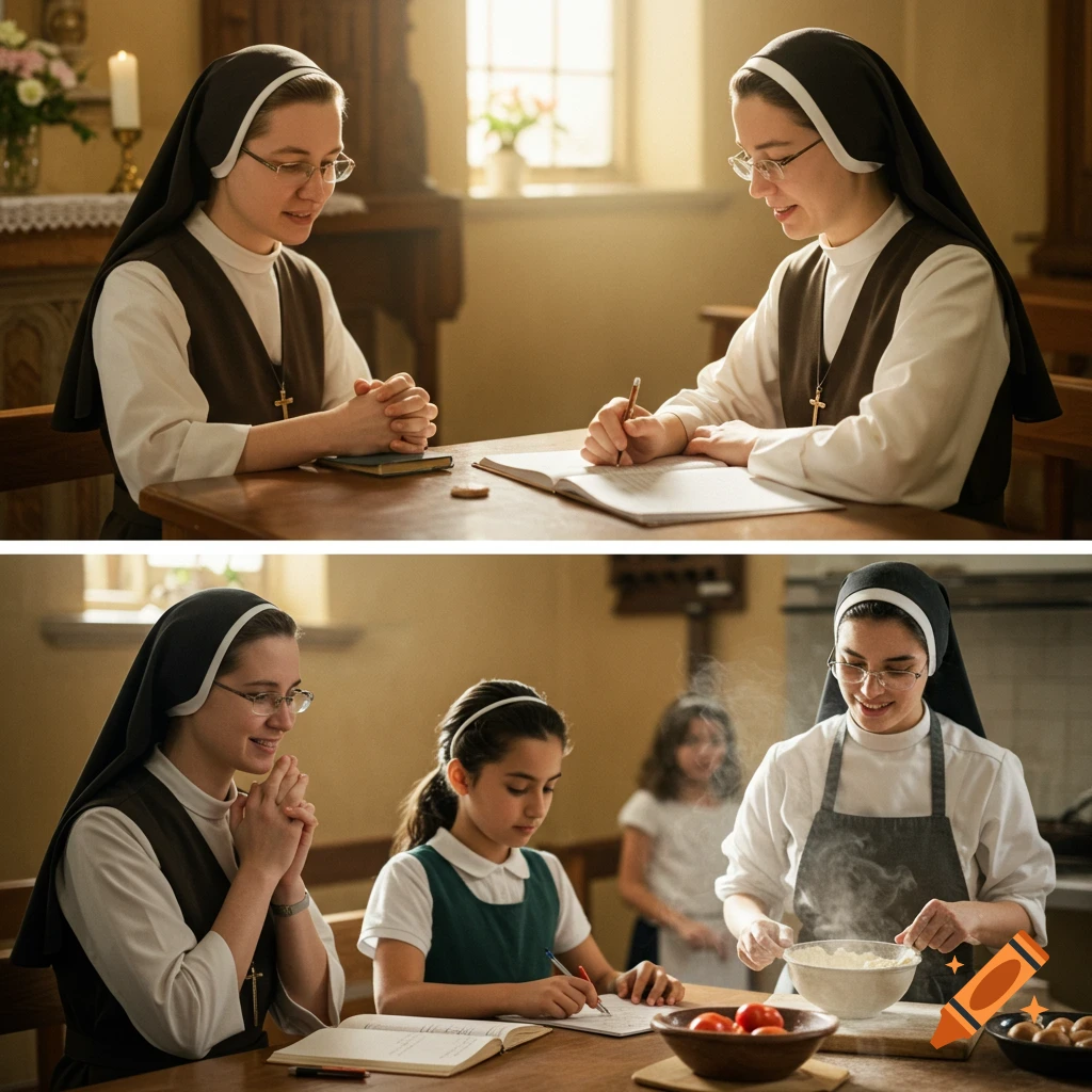 Two scenes: Nuns interacting, one teaching a child writing, one cooking ...
