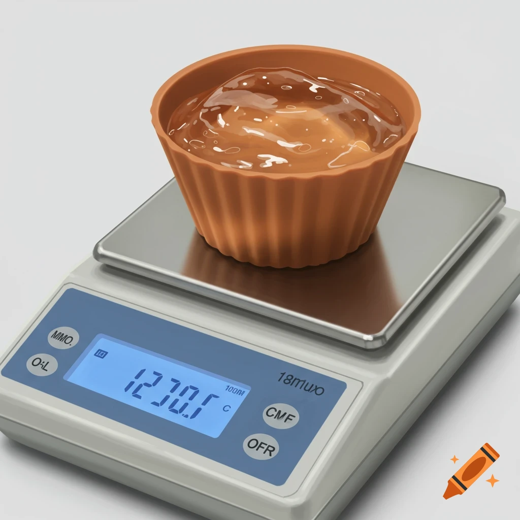 Muffin cup with clear gel being weighed on a lab scale on Craiyon