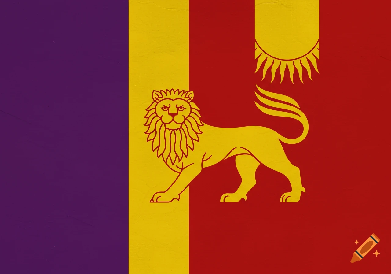 Flag with purple, red, and yellow stripes and a Persian-inspired lion ...