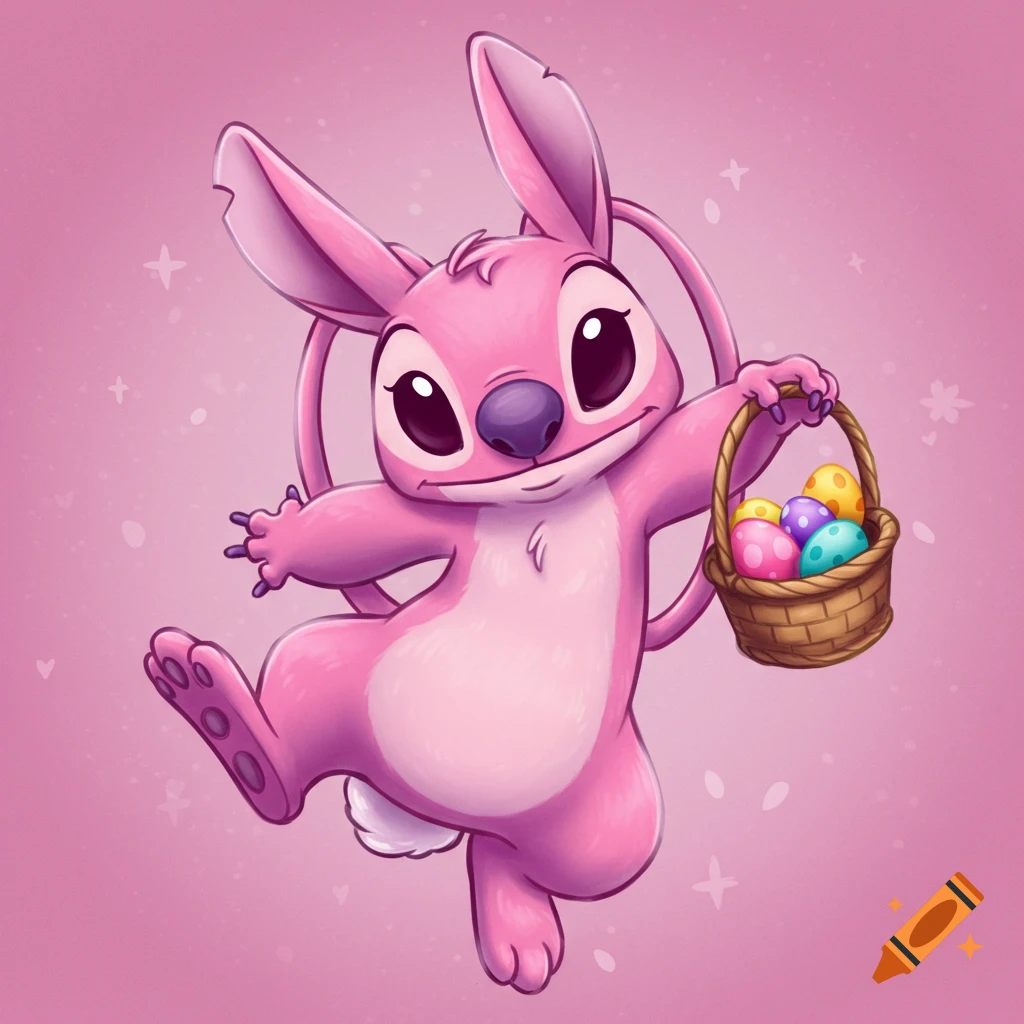 A pink bunny-eared cartoon character holding an Easter egg basket. on ...