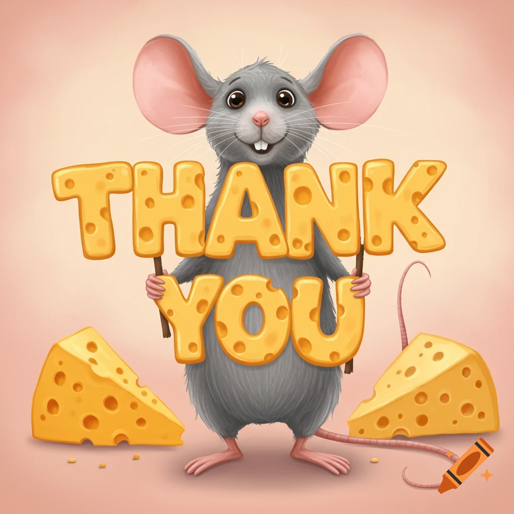 A cartoon mouse holds large cheese letters that spell THANK YOU. Two ...