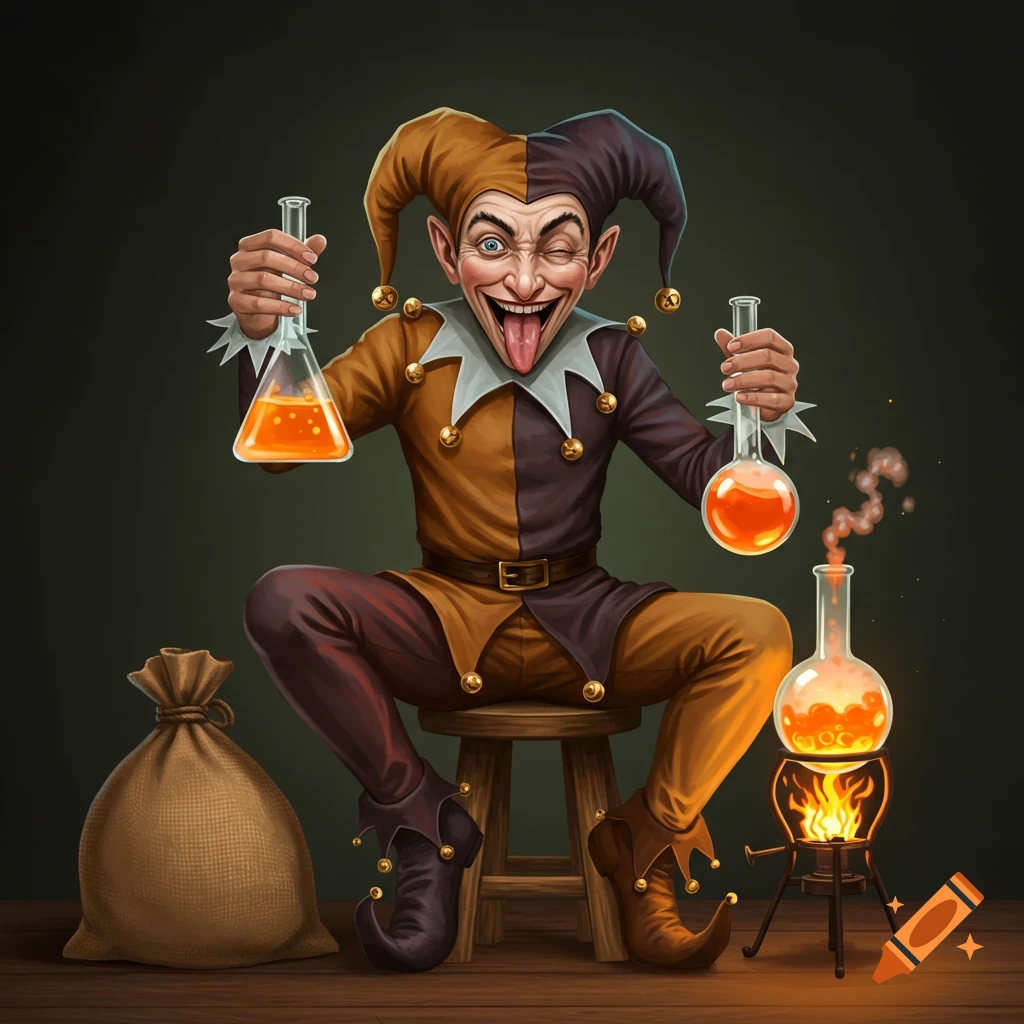 Jester performing chemistry experiment with test tubes and flasks on ...