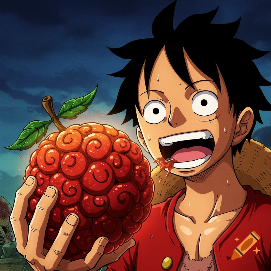Anime illustration of One Piece character Luffy holding the red Gomu ...
