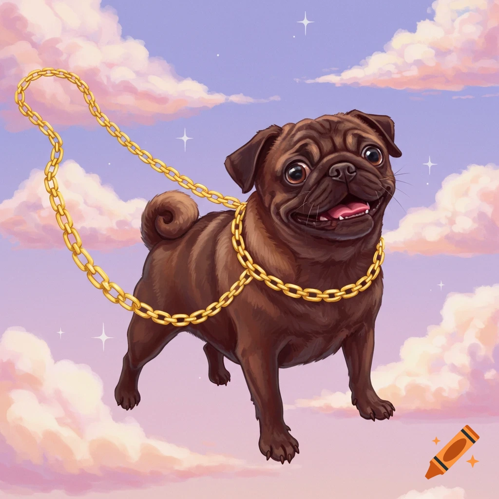 A pug dog with a gold chain flies through a sky filled with pink and ...