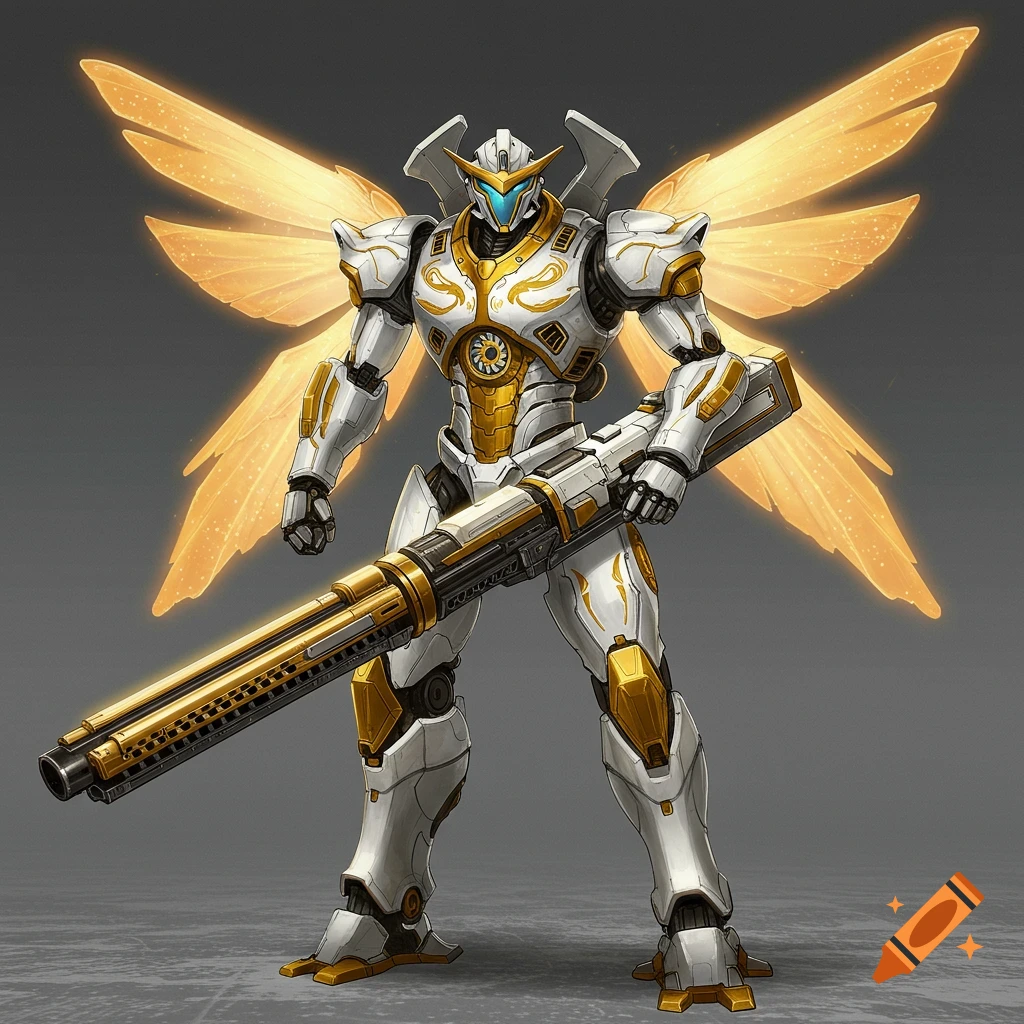 A white and gold mecha robot with large glowing gold wings stands ...