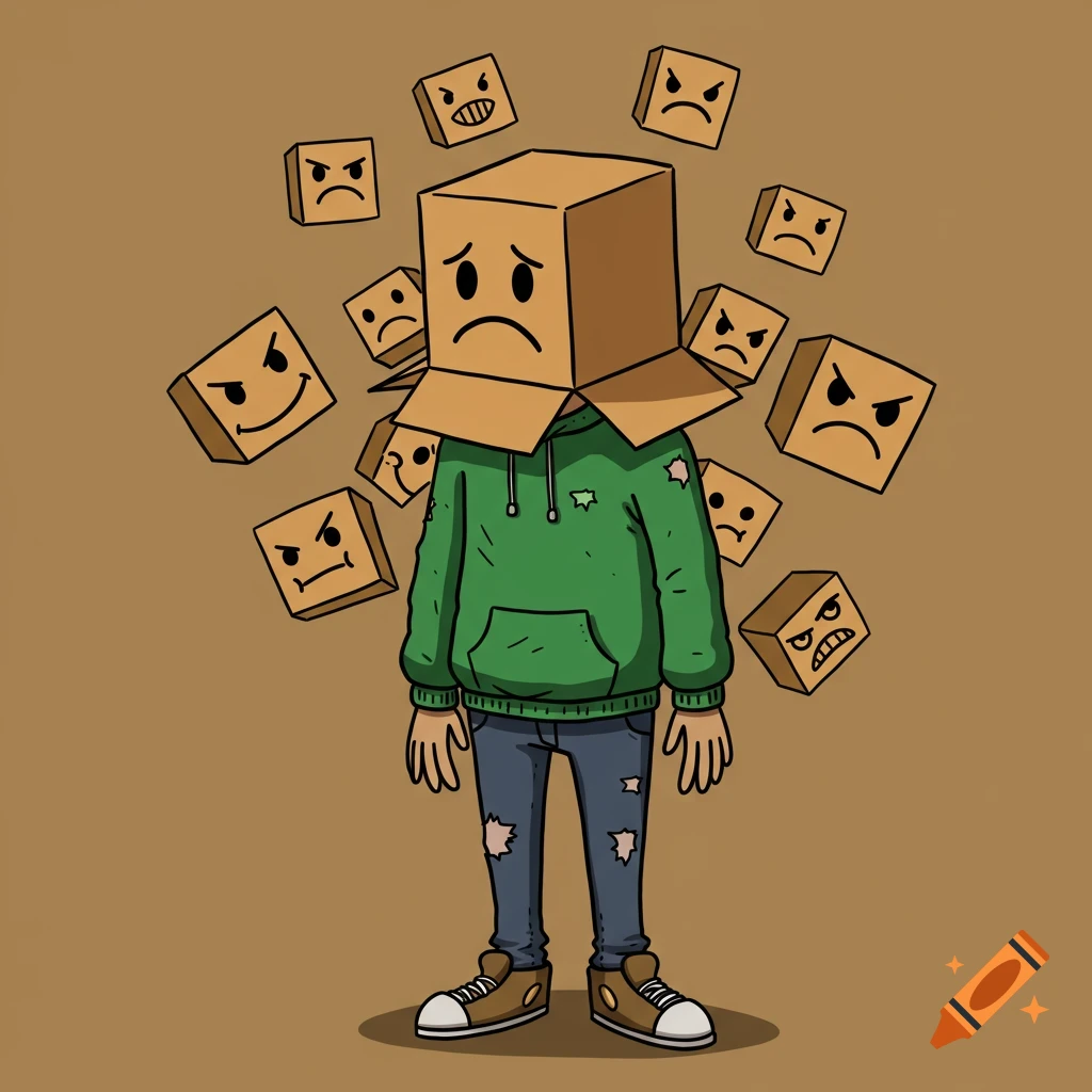 Cartoon man with box head surrounded by other boxes with faces on Craiyon