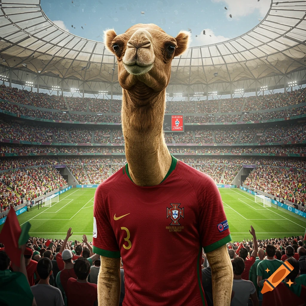 Camel wearing Portugal soccer jersey in stadium on Craiyon