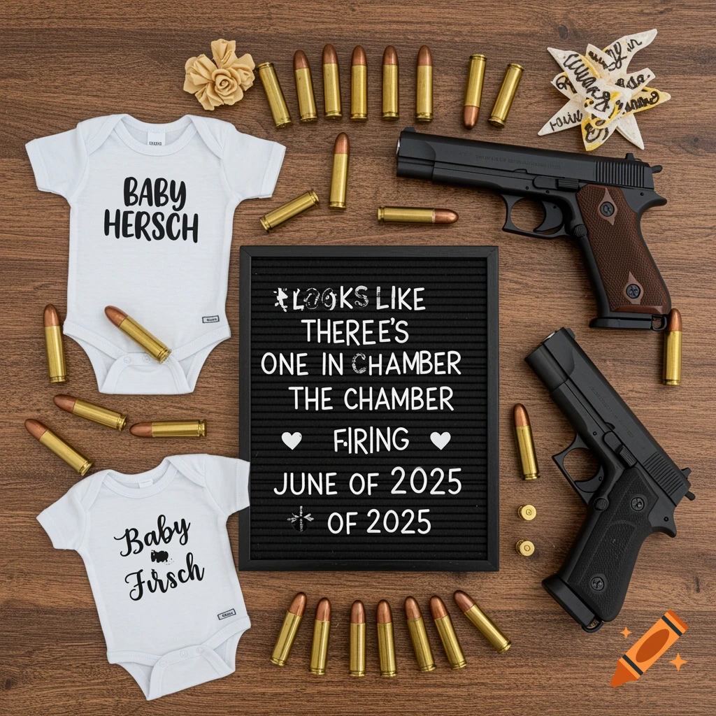 Guns, bullets, and 'Baby Hersch' onesie announcement on Craiyon