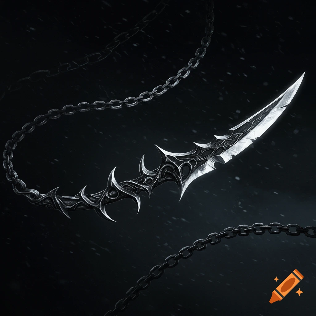 A detailed close-up of a spiky, dark fantasy chain blade against a dark ...