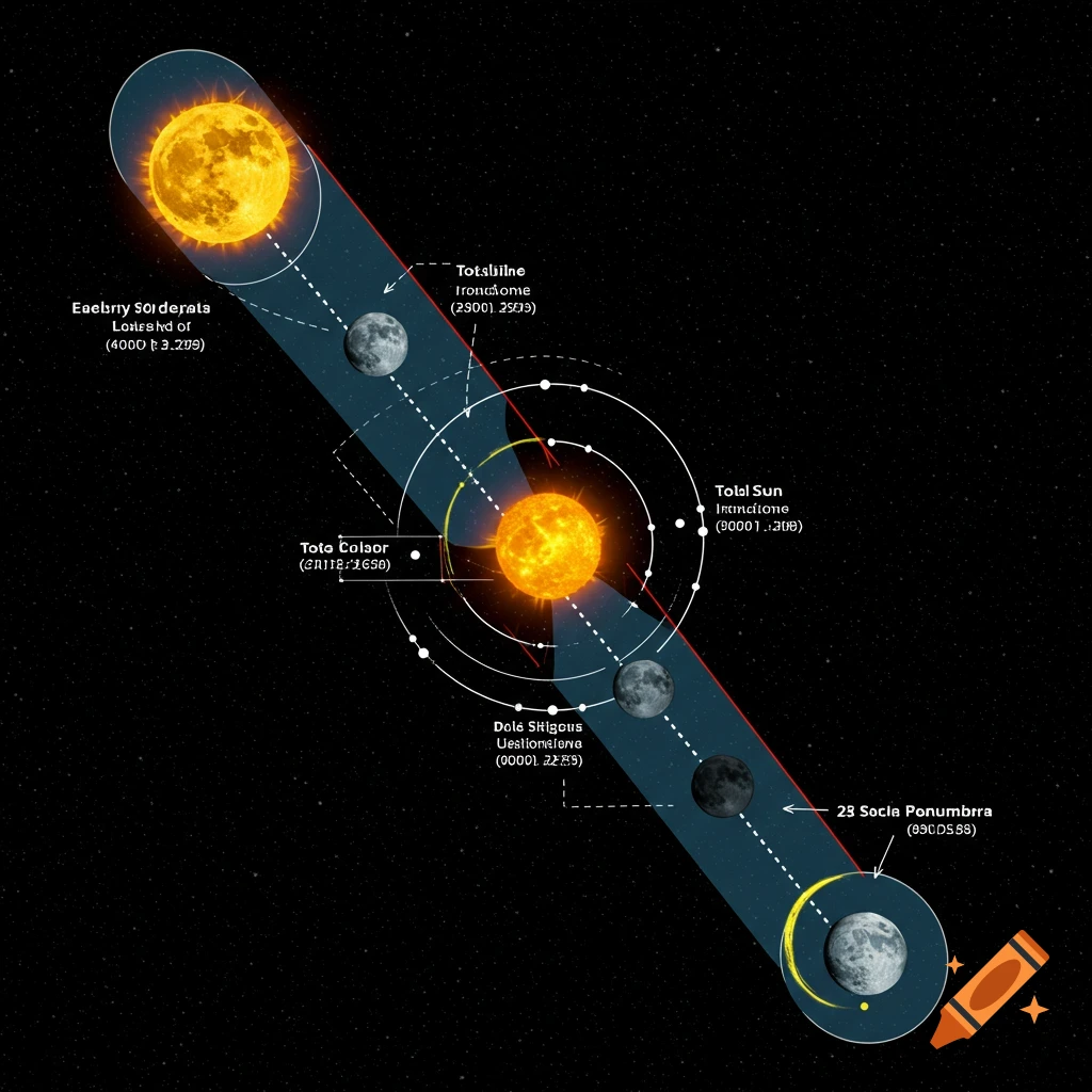 Diagram of a total solar eclipse showing the positions of the moon, Earth, shadow lines, and the ...