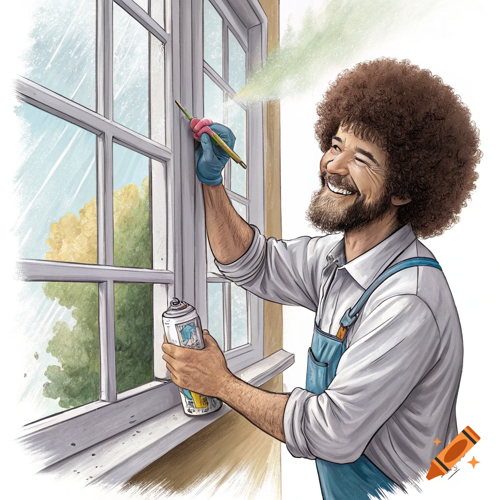 Illustration of Bob Ross smiling while spray painting a window frame ...