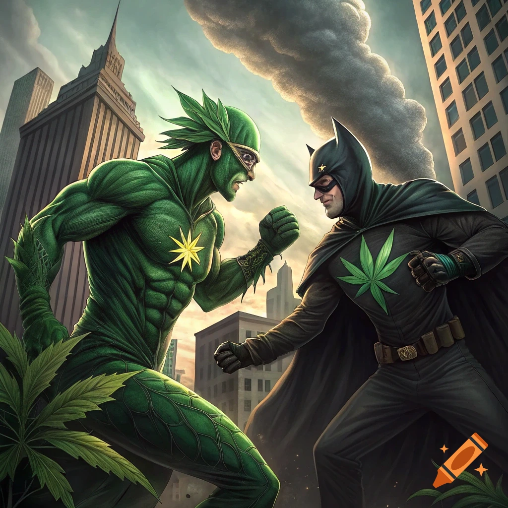 Two comic book superheroes, one green leafy, one dark with a cannabis ...