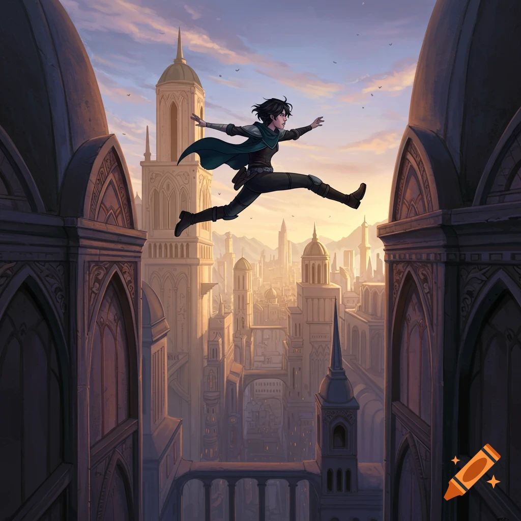 An illustrated fantasy character leaps across a gap between large ...
