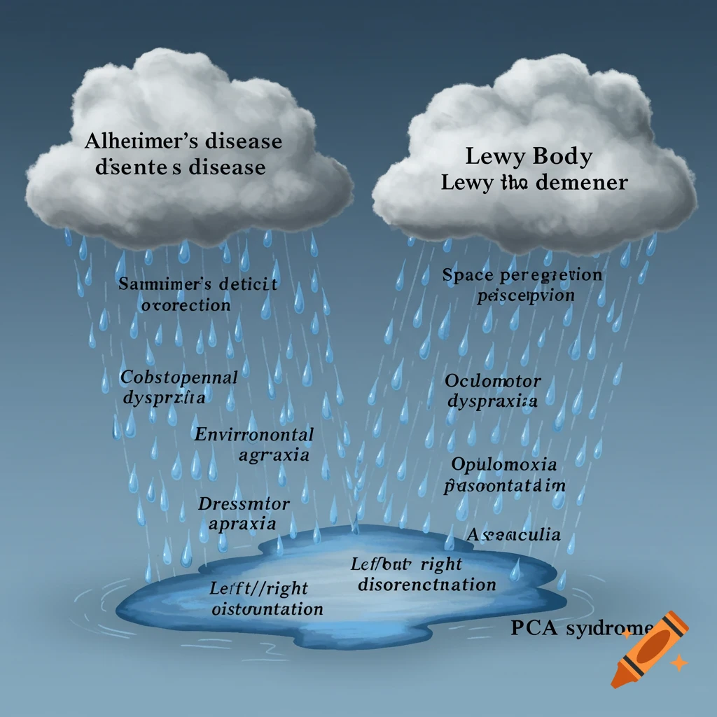Rain clouds labeled with dementia types raining down on PCA syndrome ...