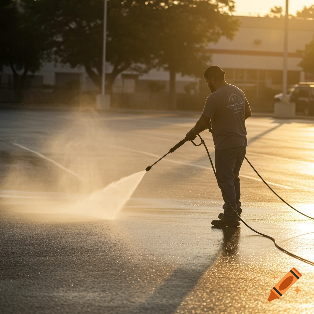 Man pressure washing a parking lot on Craiyon