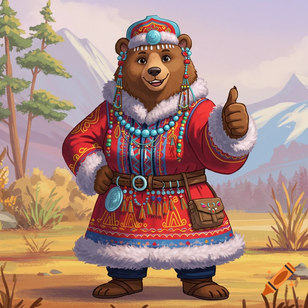 Cartoon bear in traditional clothing gives thumbs up in a mountain ...