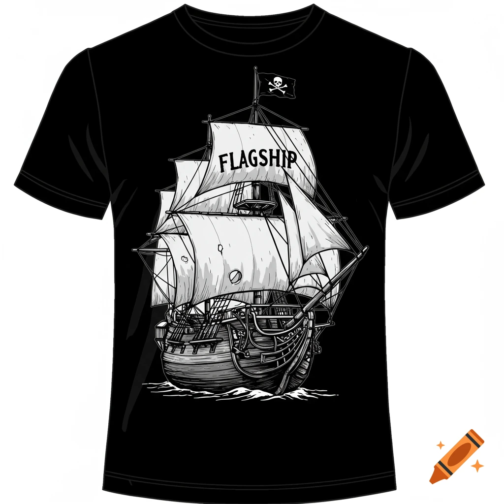 Pirate ship with 'Flagship WFP' text, black and white vector graphic ...