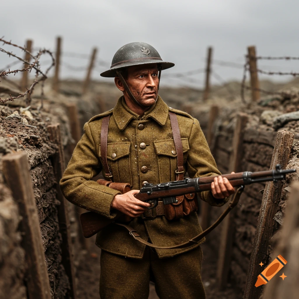 WWI British soldier making hand gestures in a trench with explosions in the background on Craiyon