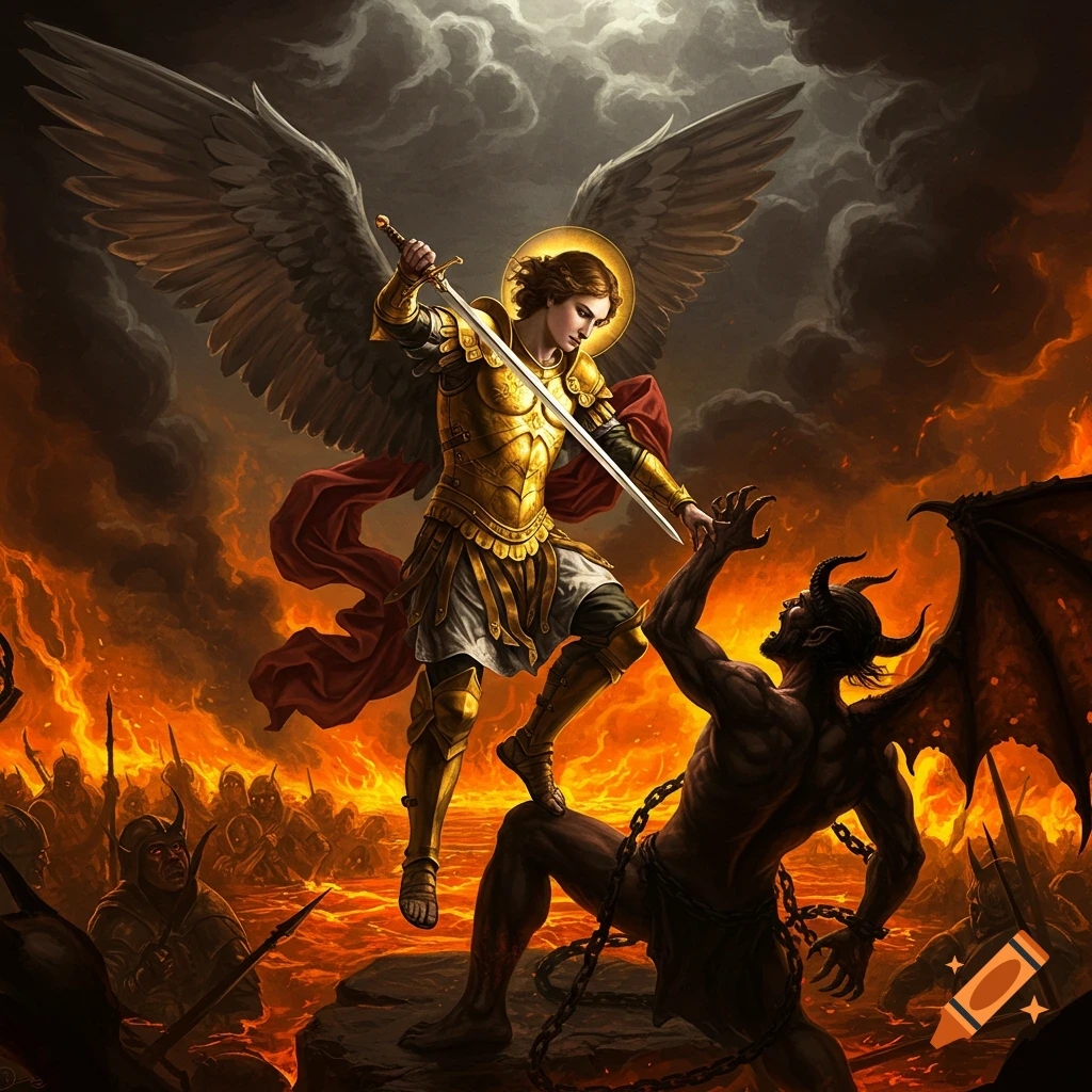 Archangel Michael confronts Lucifer in Hell on Craiyon