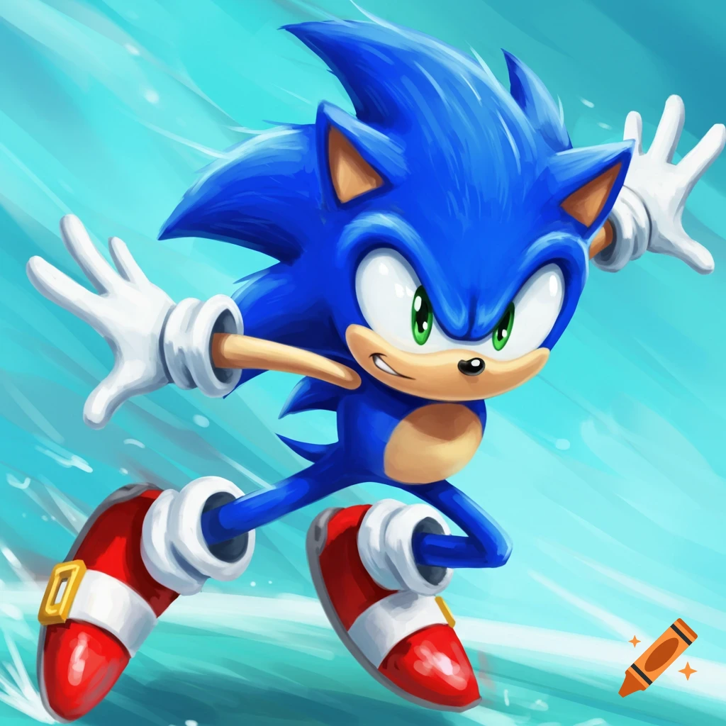 Sonic the Hedgehog running at speed kicking up dirt, digital art on Craiyon