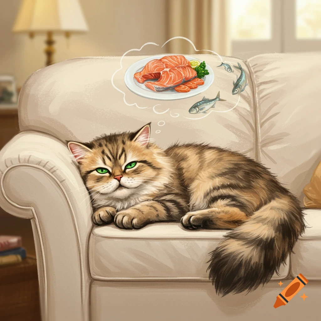 Cat sleeping on a couch dreaming of fish on Craiyon