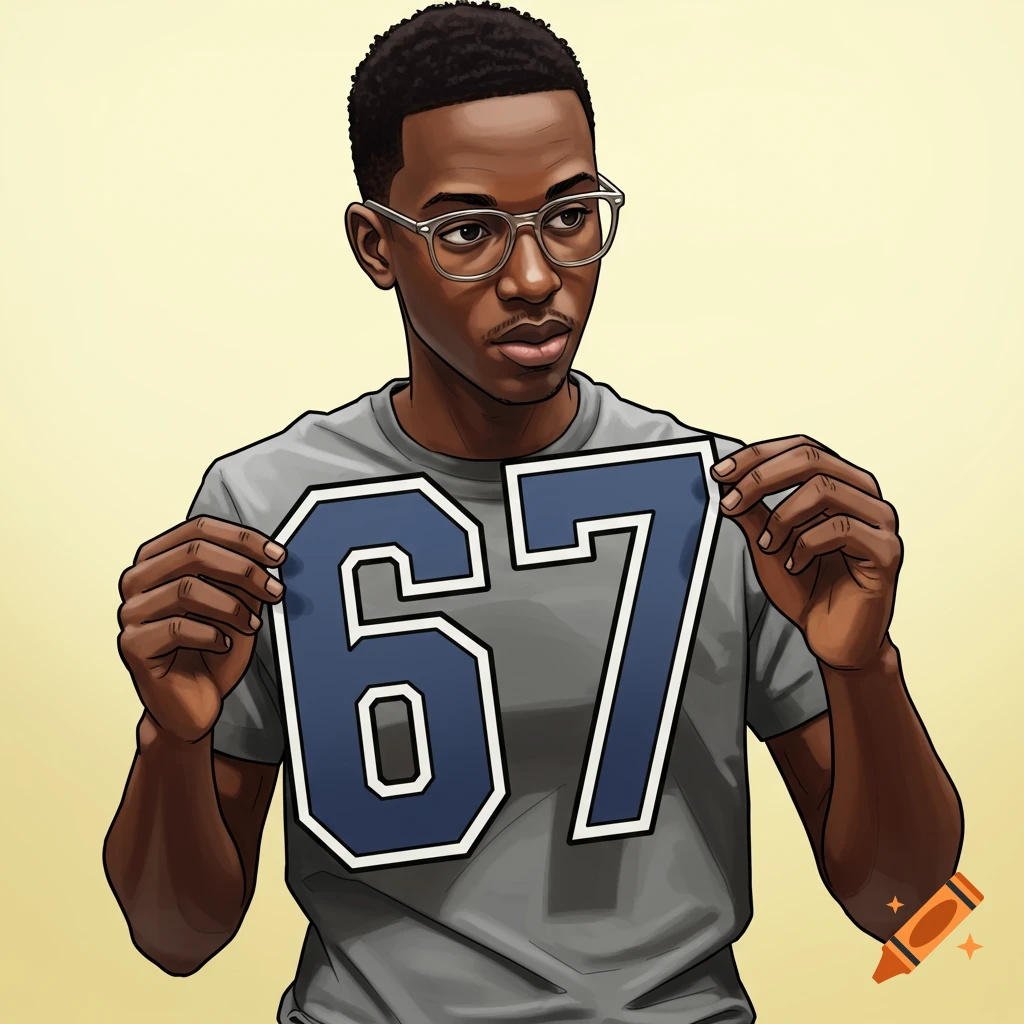 A stylized illustration of a Black man with an afro and glasses holding the golden numbers 67 ...