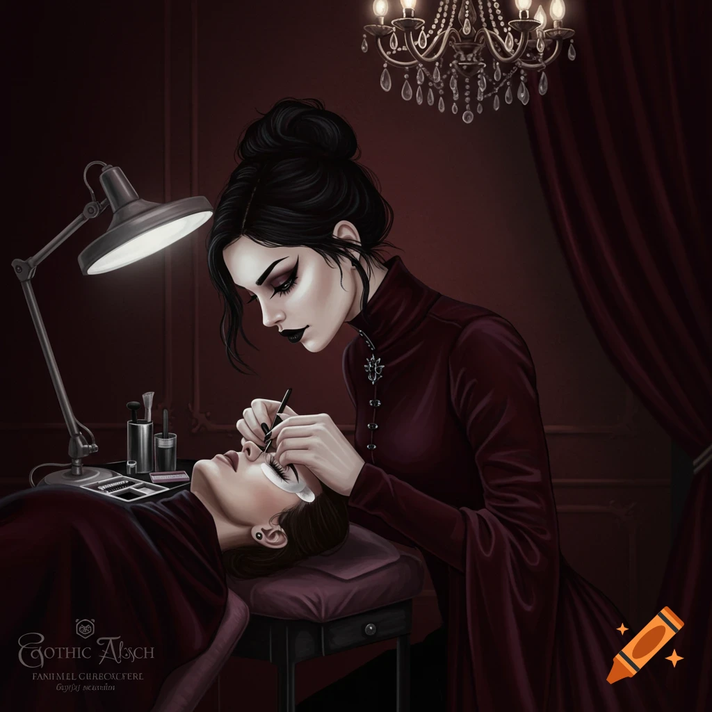 Illustration of a woman in gothic style applying false eyelashes to another woman in a dark room ...